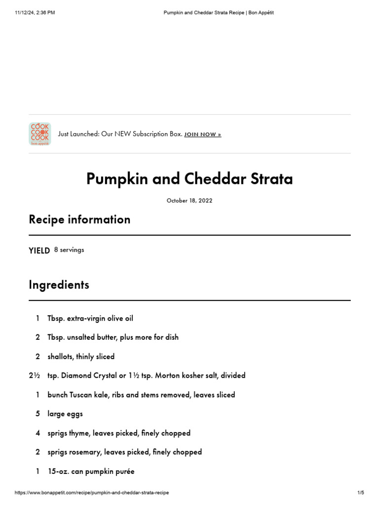 Pumpkin and Cheddar Strata Recipe - Bon Appétit | PDF | Foods | Cuisine
