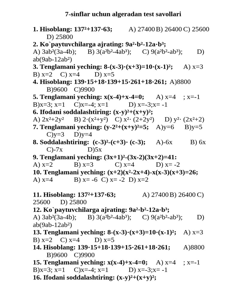 7-sinf Algebra Test Savollari | PDF