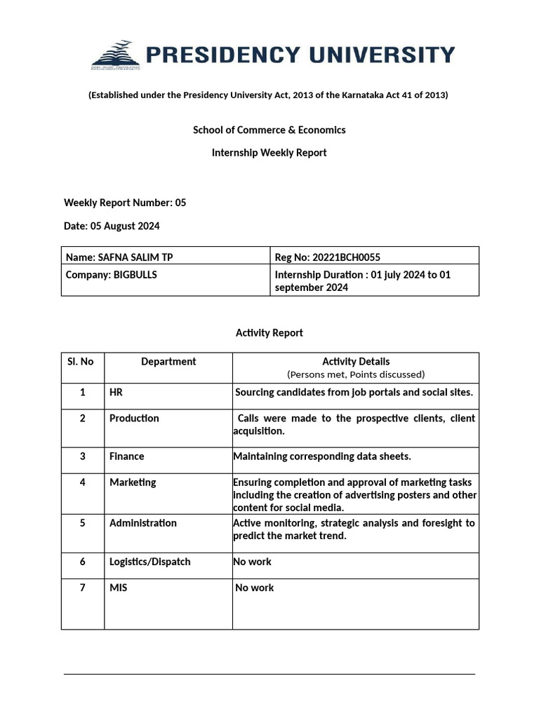Internship Weekly Report 5 Safna | PDF