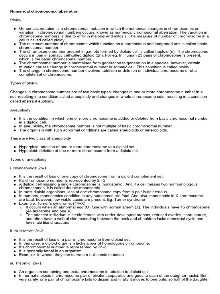 Numerical Chromosomal Aberrations | PDF | Ploidy | Chromosome