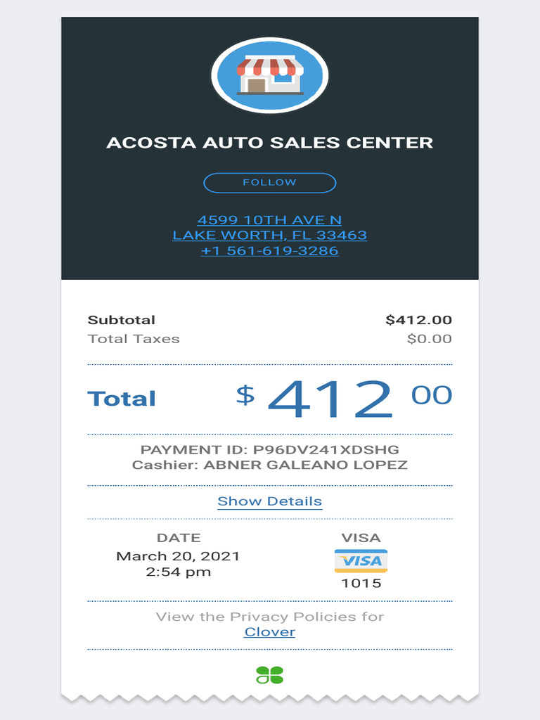 Acosta Auto Sales Center Online Receipt | PDF