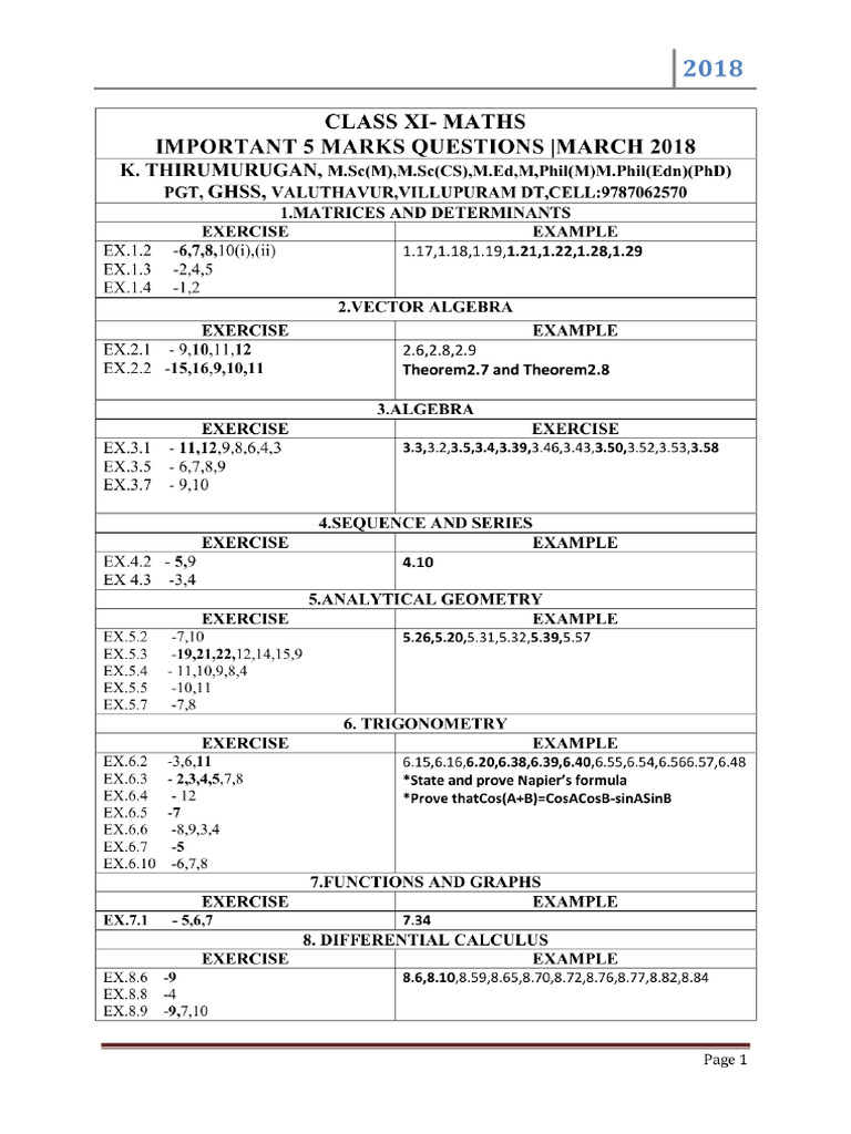 Padasalai Net 11th Maths Study Material Important 5 Mark Questions | PDF