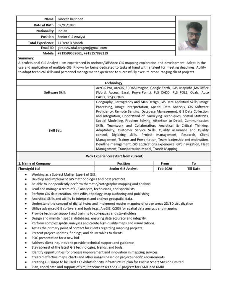 Senior GIS Analyst Resume of Gireesh Krishnan | PDF | Geographic ...