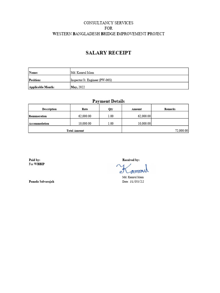 Salary Receipt - Inspector Jr. Engr | PDF