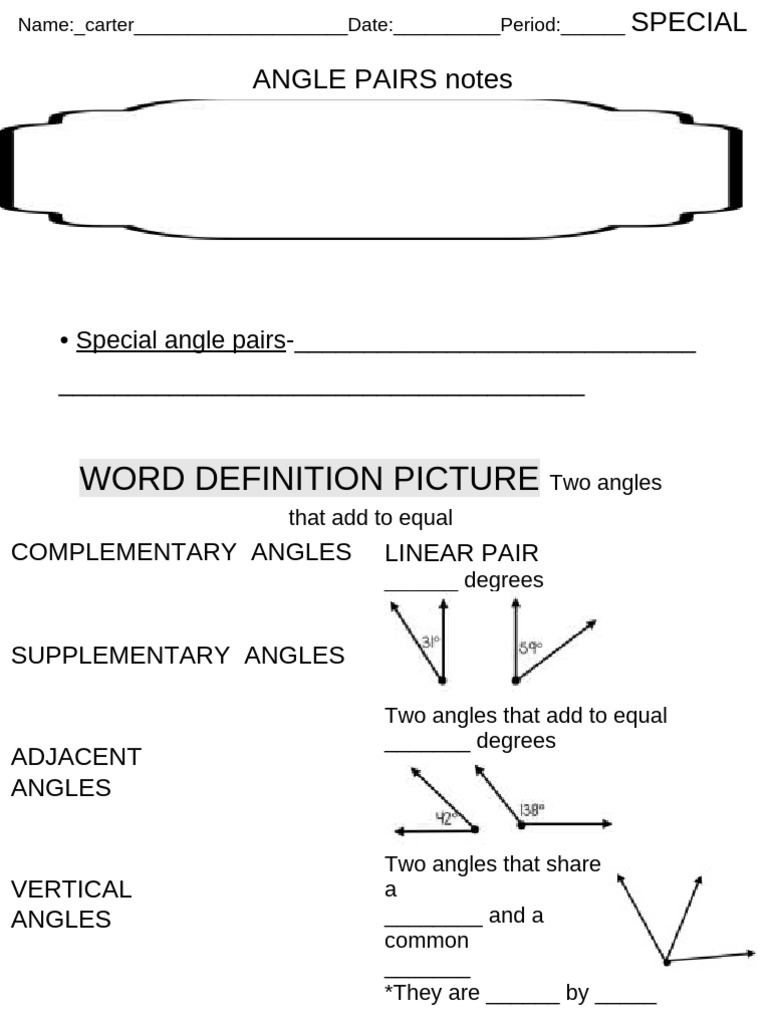 Special Angle Pairs - Guided Notes | PDF