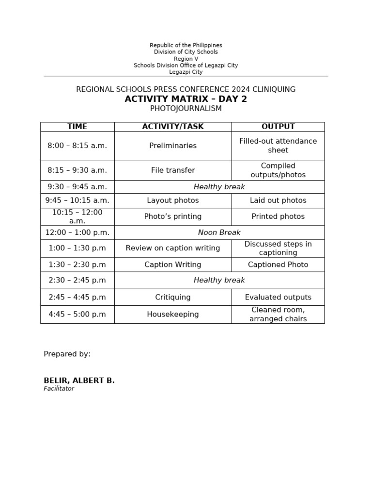 Cliniquing RSPC 2024 Activity Matrix Day 2 | PDF