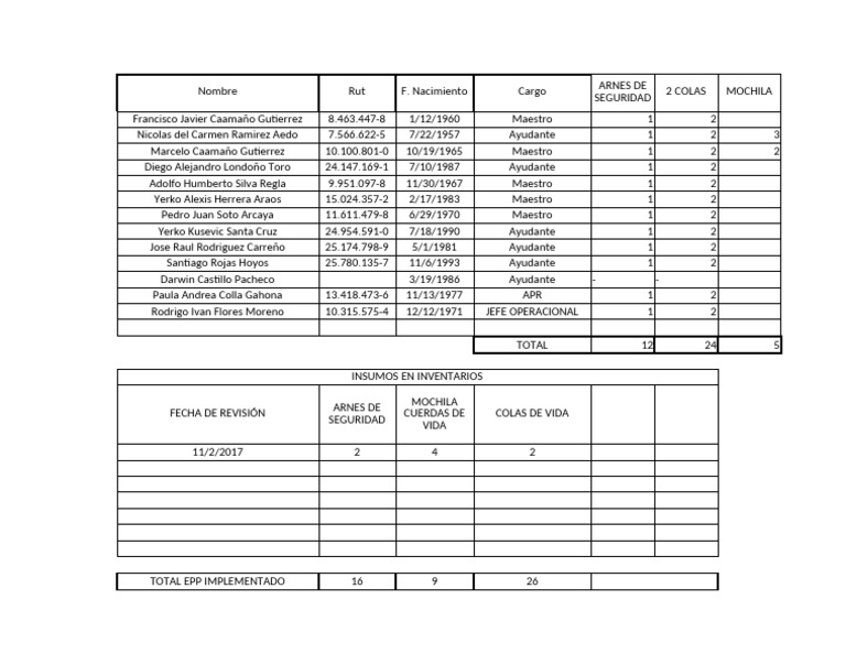 Control Trabajadores Mensual Inventario Epp | PDF