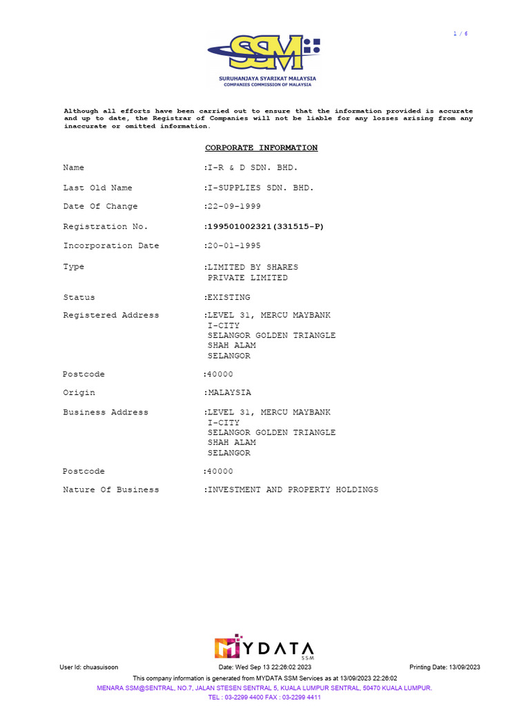 I-R&D Sdn Bhd - SSM Report | PDF | Corporations | Business
