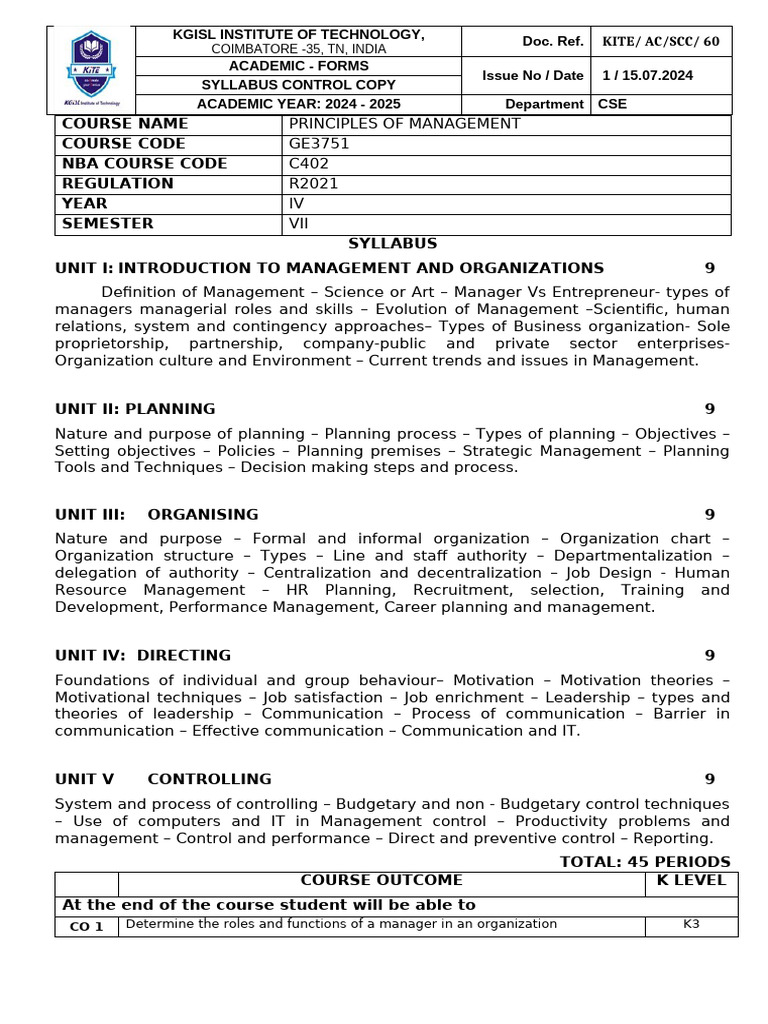 Principles of Management Syllabus | PDF | Business | Business Economics