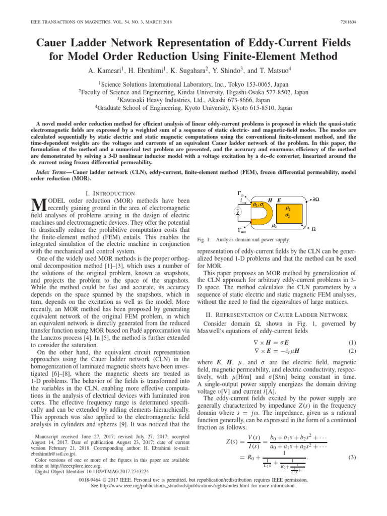 Cauer Ladder Network Representation Of Eddy Current Fields For Model Order Reduction Using