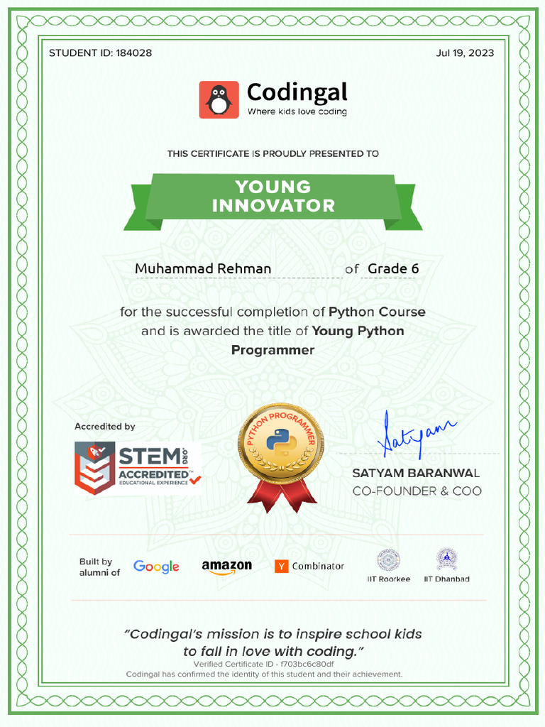 Grade 6 Coding Certificate for Muhammad Rehman | PDF