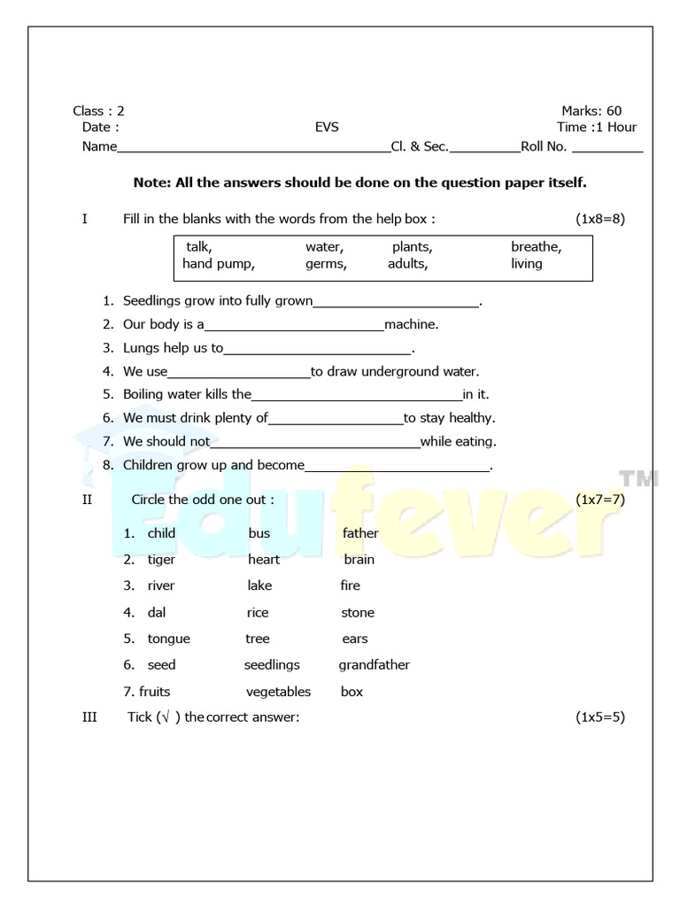 CBSE Class 2 EVS Sample Paper Set C - 0 | PDF