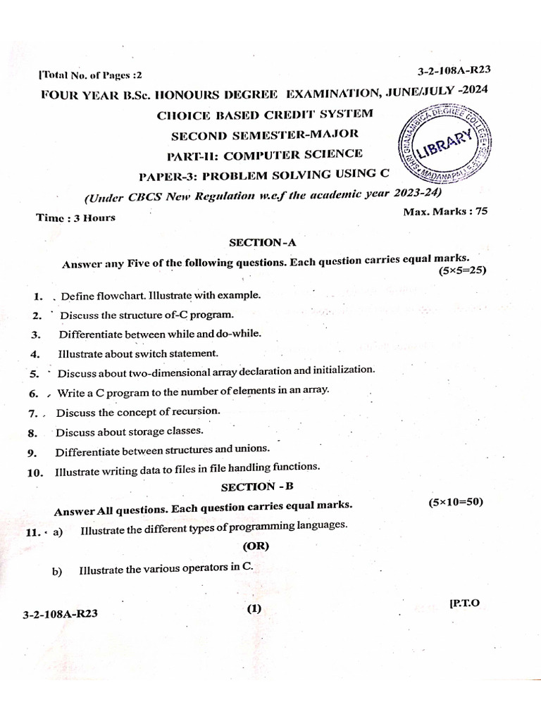 2 Sem - Major Bsc-Cs Problem Solving Using C-June 2024 | PDF