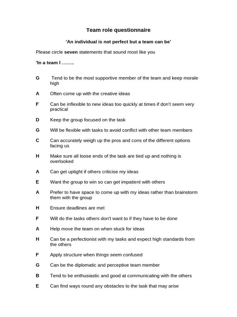 Belbin Questionnaire | PDF