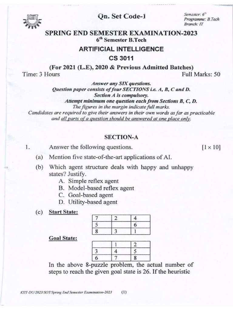 Artificial Intelligence (CS 3011) END PYQ | PDF