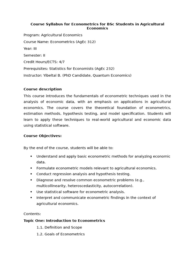 Econometrics Syllabus | PDF | Econometrics | Ordinary Least Squares Econometrics Syllabus | PDF | Econometrics | Ordinary Least Squares