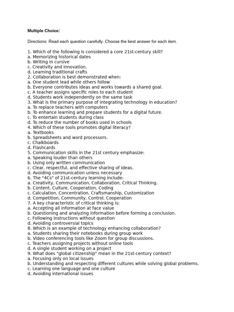 21st Century Skills MCQ Quiz | PDF | Learning | Human Communication