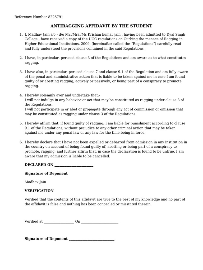 Anti Ragging Affidavit Form | PDF | Affidavit | Justice