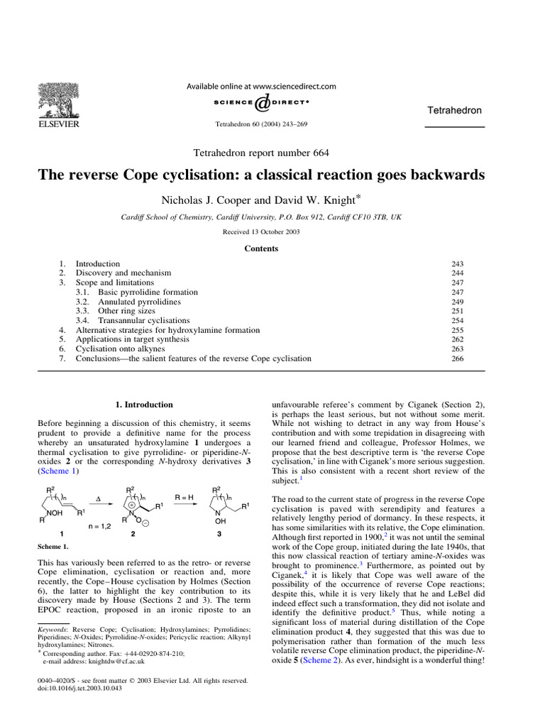 (Knight, Review) - The Reverse Cope Cyclisation A Classical Reaction ...