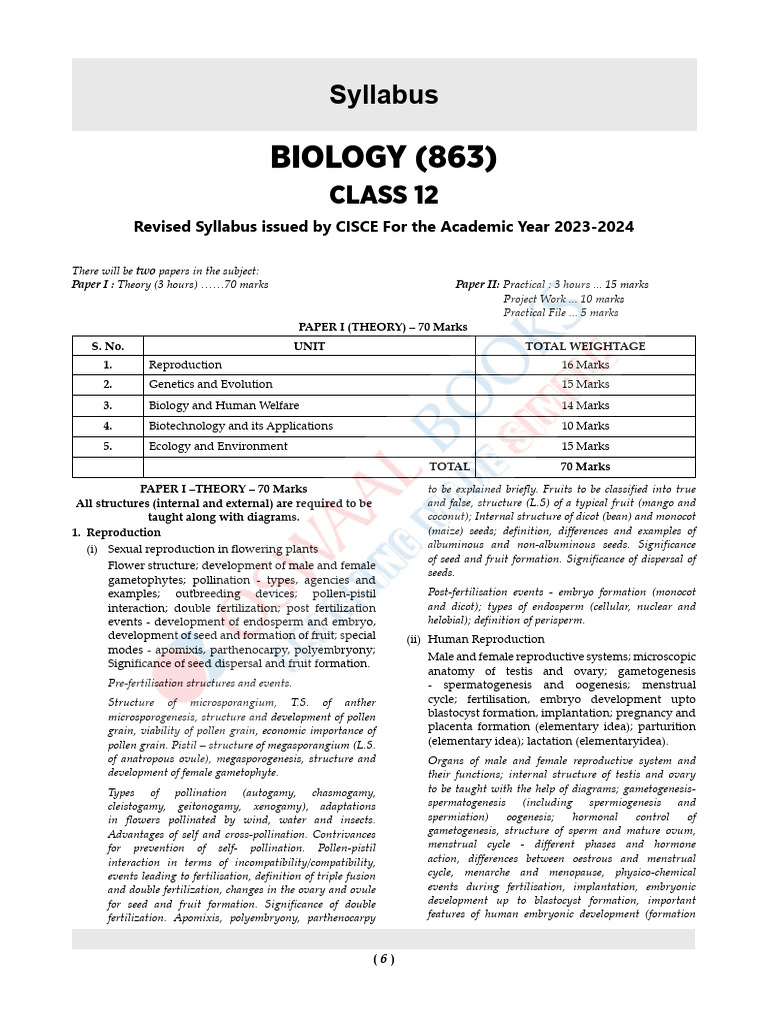 ISC 12 Biology Syllabus | PDF | Dominance (Genetics) | Gene