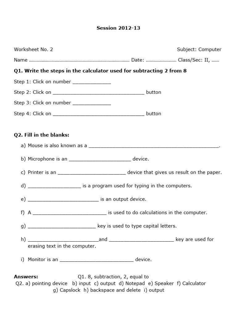 CBSE Class 2 Computers Practice Worksheet | PDF