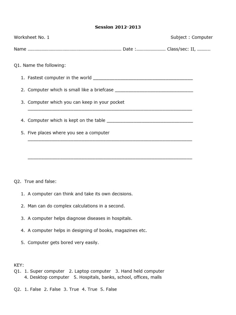 CBSE Class 2 Computers Practice Worksheet | PDF