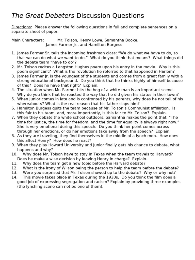 Great Debaters Movie Questions | PDF