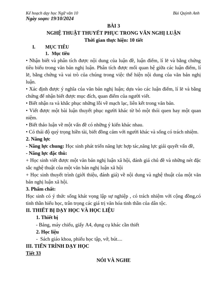 ngữ văn10, (lớp có cđ) tuần 10, bài 3 Nt thuyết phục của văn NL, tiết 33 nói và nghe, tiêt 34 ...