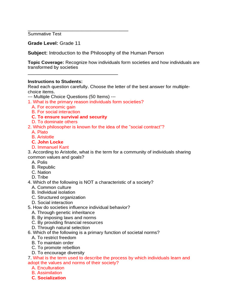 Grade 11 Philosophy Societies Test | PDF | Society | Multiculturalism
