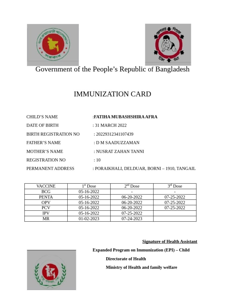 EPI Immunization Card for Children | PDF