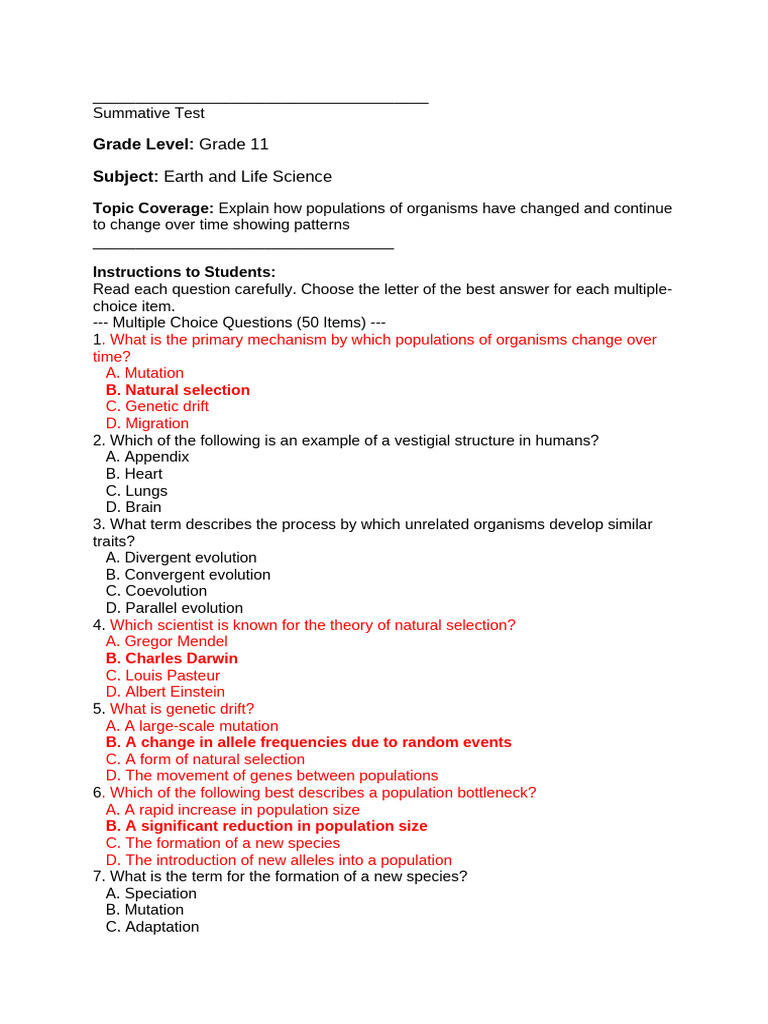 Summative - Test - Earth and Life Science | PDF | Evolution | Natural ...