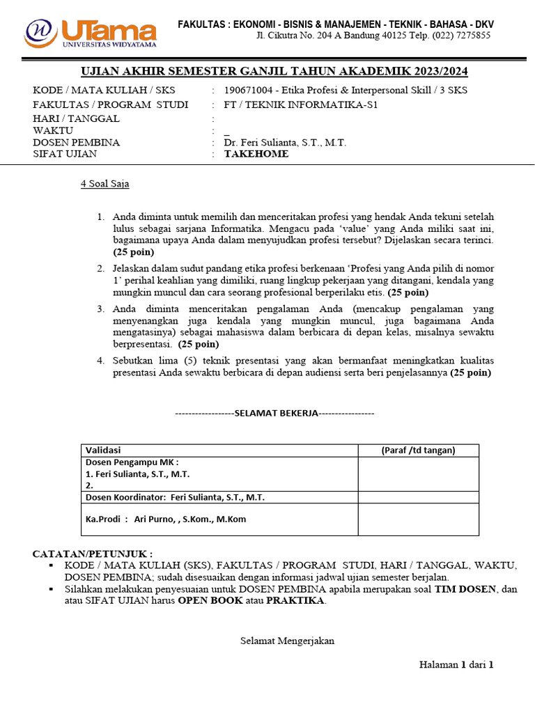 Etika Profesi - Feri Sulianta - Widyatama - UAS (E) GANJIL 2023 2024 | PDF