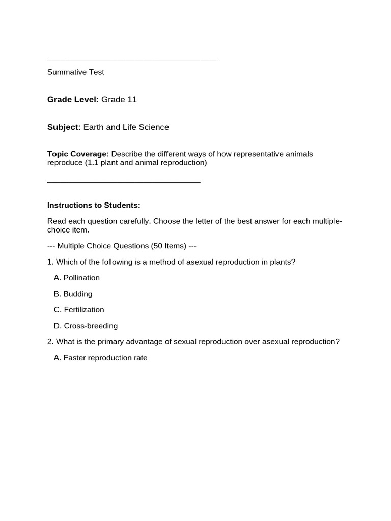 Summative_test_earth and Life Science (2) | PDF | Plant Reproduction ...