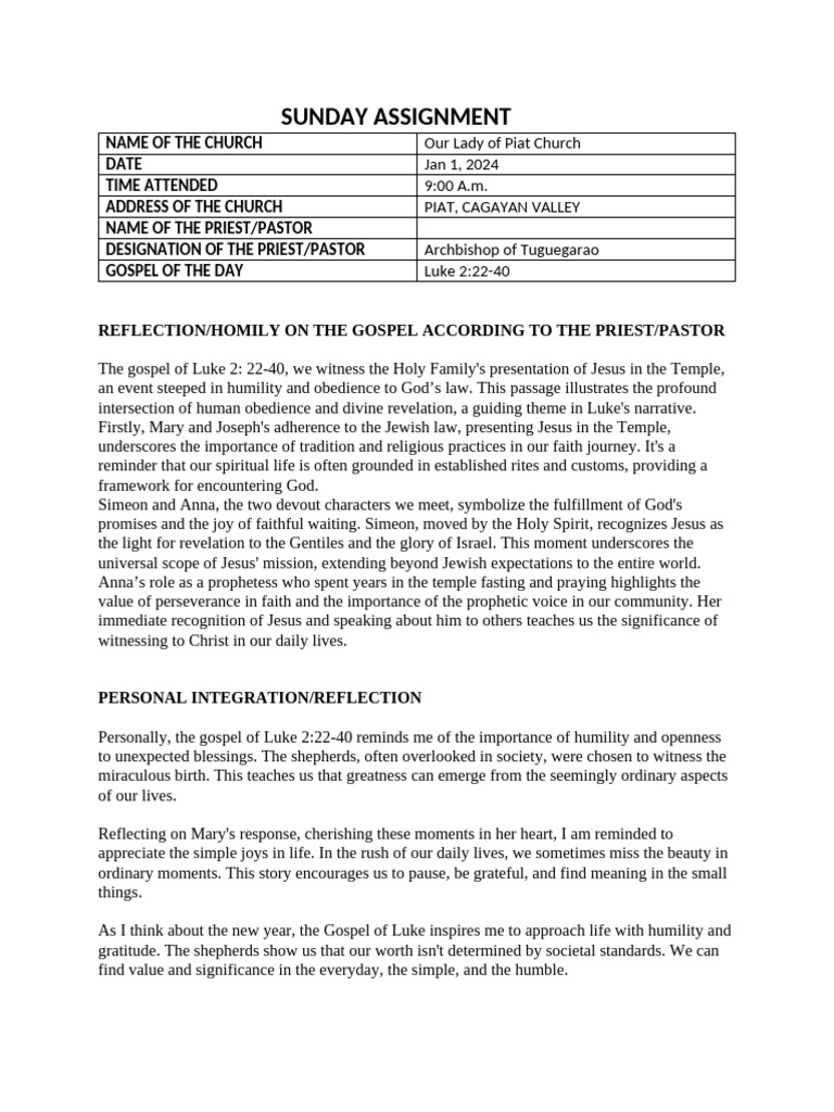 Sunday Assignment New Year | PDF | Jesus | Religious Belief And Doctrine