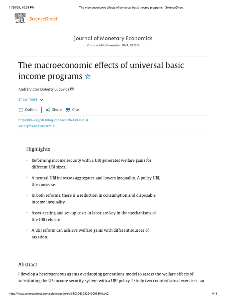 The Macroeconomic Effects of Universal Basic Income Programs - ScienceDirect | PDF | Labour ...