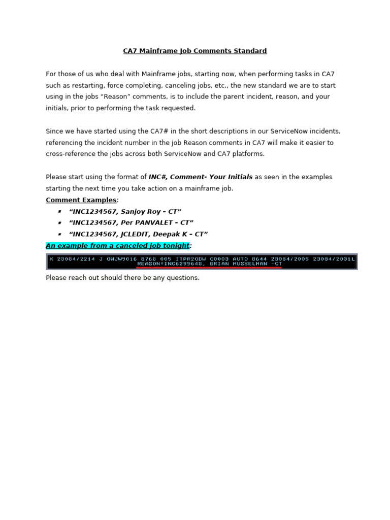 CA7 Job Comments Standard Guidelines | PDF