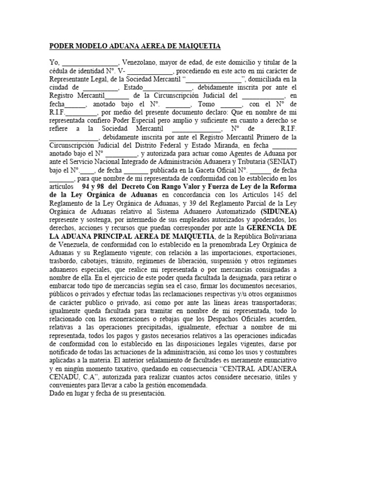 Poder Modelo Aduana Principal Aerea de Maiquetia Año 2024 PDF | PDF ...