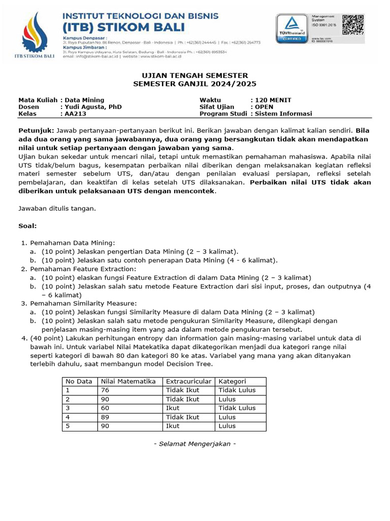 UTS Data Mining Sistem Informasi | PDF