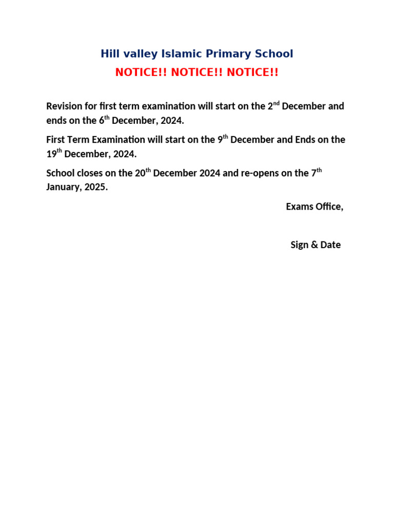 Hill Valley Islamic Primary School Notice | PDF
