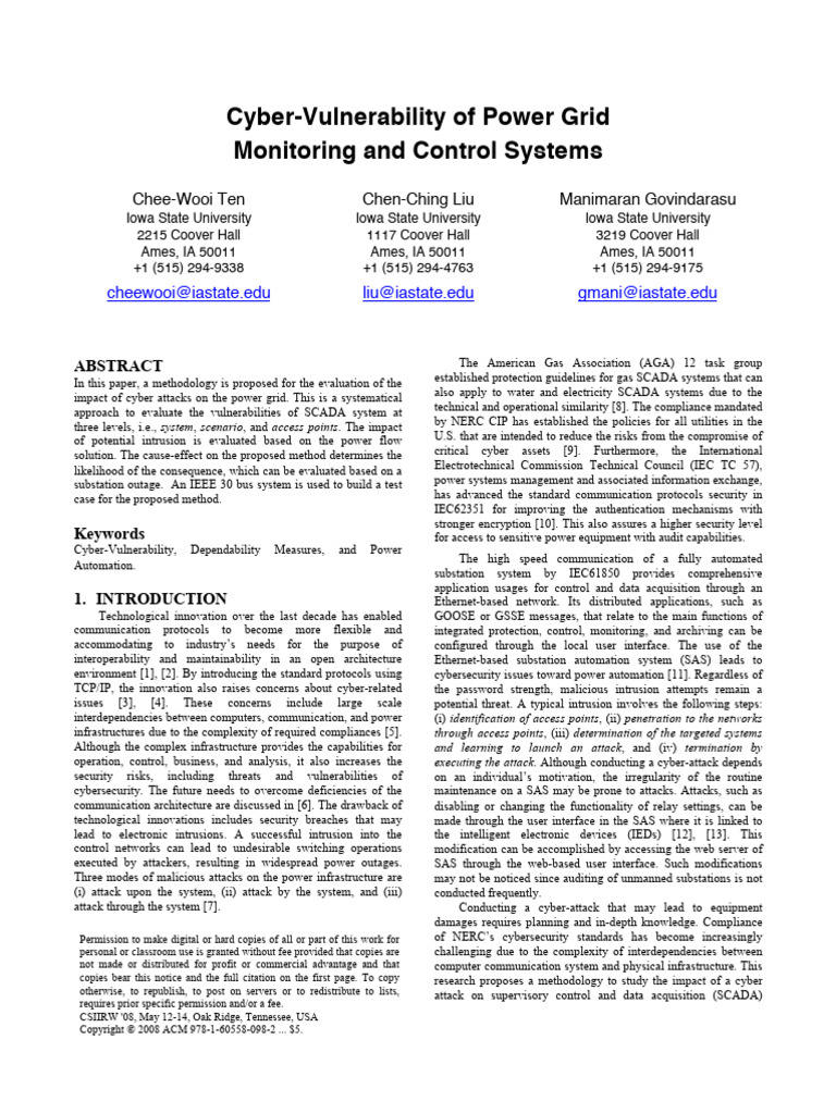 Cyber Vulnerability Of Power Grid Pdf Computer Security Security