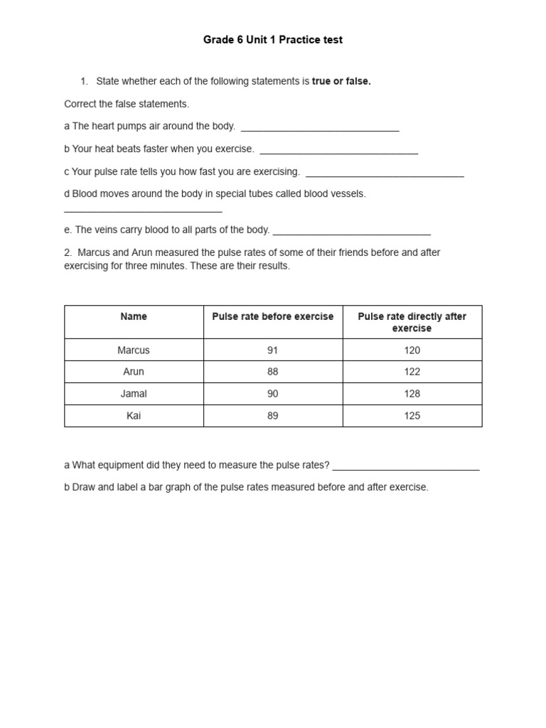 Grade 6 Unit 1 Practice Test | PDF | Heart | Pulse