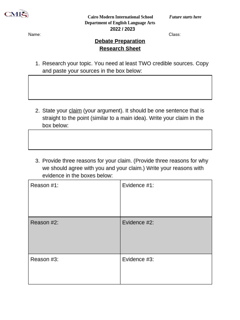 Debate Preparation Research Sheet 15 | PDF | Argument | Reason