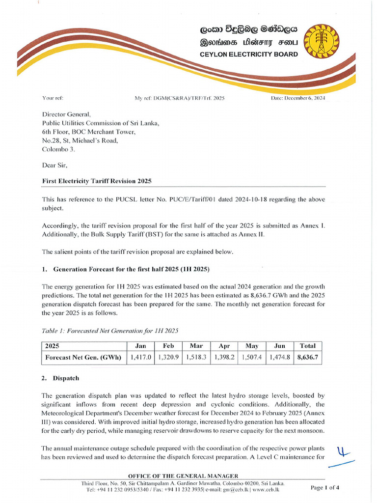 CEB To PUCSL First Electricity Tariff Revision 2025 | PDF
