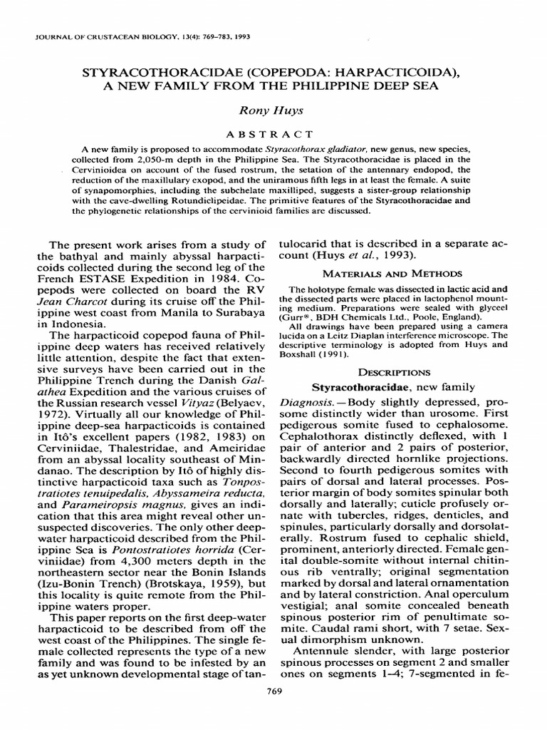 Styracothoracidae Copepoda Harpacticoida A New Family From The P 1993 ...