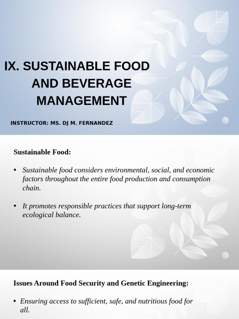 LESSON - 9 Sustainable Food and Beverage Management | PDF | Agriculture ...