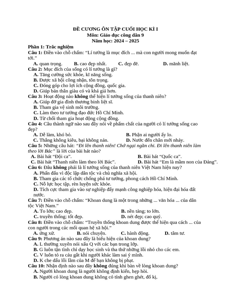 Đề Cương CK1-GDCD-2425 | PDF