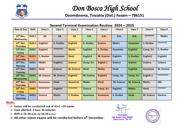 Second Terminal Exam Routine Cls. 1 - 9 | PDF