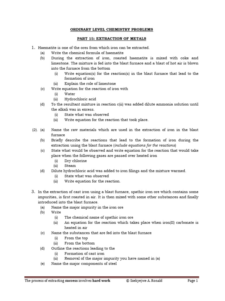 Extraction of Metals: Iron Chemistry Guide | PDF | Iron | Chemical ...