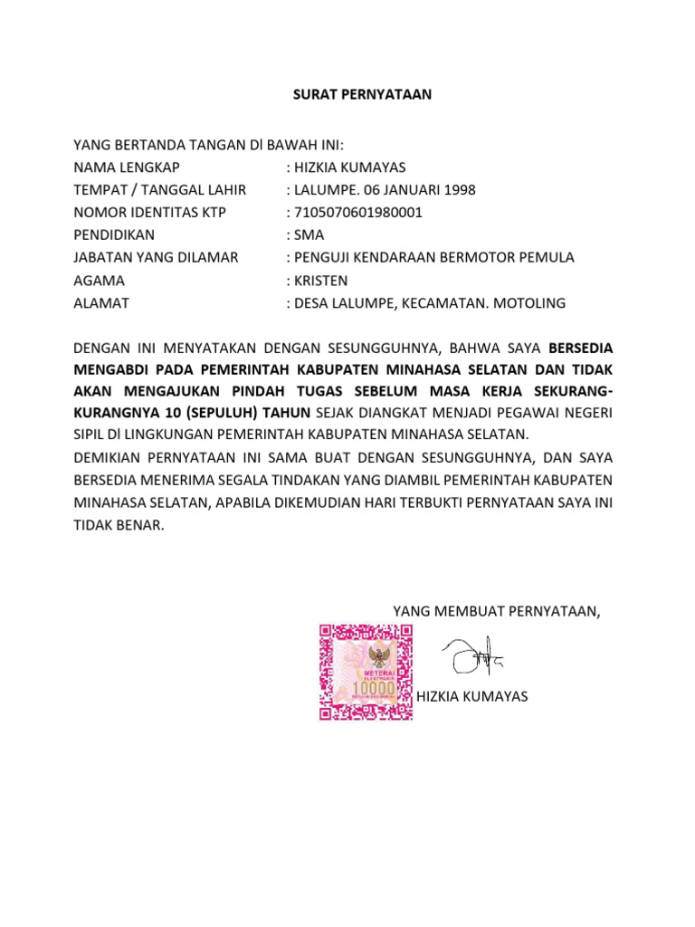Surat Pernyataan Mengabdi - Hizkia | PDF