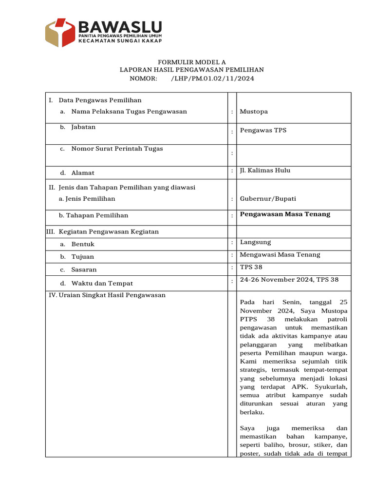 Ptps 38.formulir Model A Pengawasan Masa Tenang | PDF